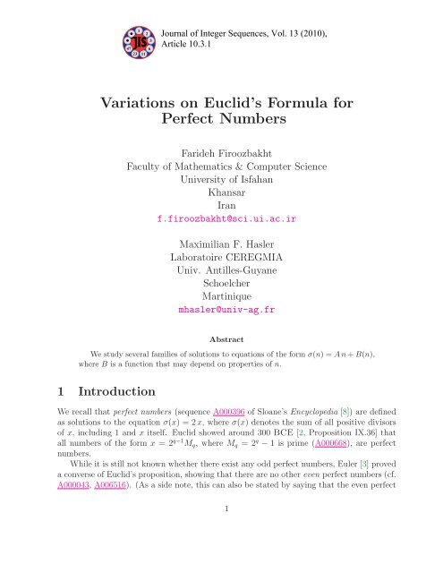 Variations on Euclid's Formula for Perfect Numbers - HAL-UAG