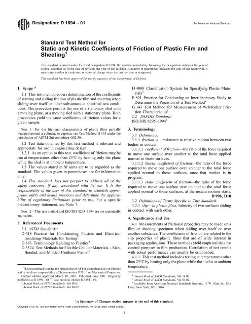 Static and Kinetic Coefficients of Friction of Plastic Film and Sheeting1