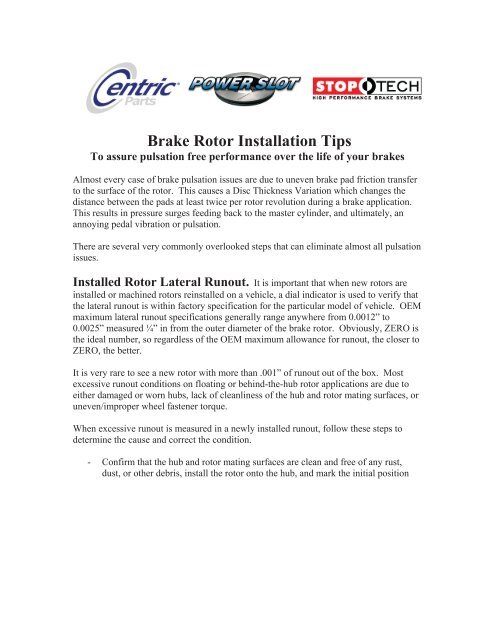 Brake Rotor Installation Tips - Centric Parts