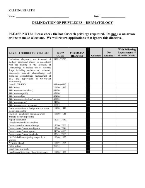 DELINEATION OF PRIVILEGES – DERMATOLOGY ... - Kaleida Health