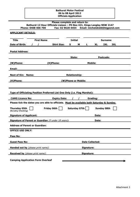 (please print name): Received by - Bathurst Motor Festival