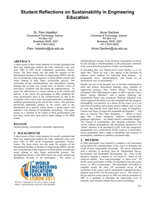 Student Reflections on Sustainability in Engineering Education. - SEFI