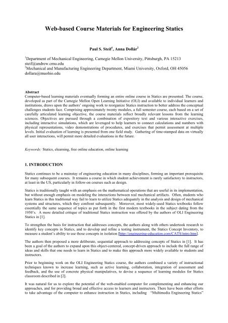 Web-based Course Materials for Engineering Statics - SEFI