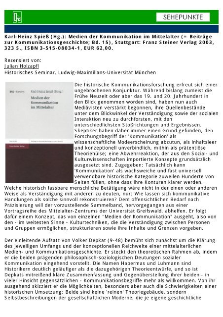 Karl-Heinz Spieß (Hg.): Medien der Kommunikation im ... - Sehepunkte