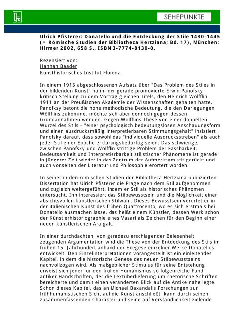 Ulrich Pfisterer: Donatello und die Entdeckung der ... - Sehepunkte