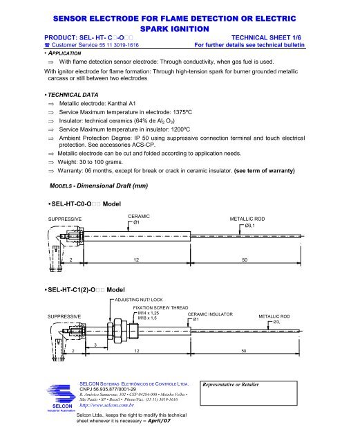 sensor electrode for flame detection or electric spark ignition - Selcon