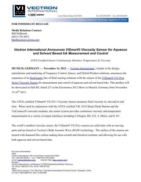 Vectron International Announces ViSmartÂ® Viscosity ... - SenGenuity