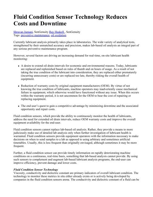 Fluid Condition Sensor Technology Reduces Costs ... - SenGenuity