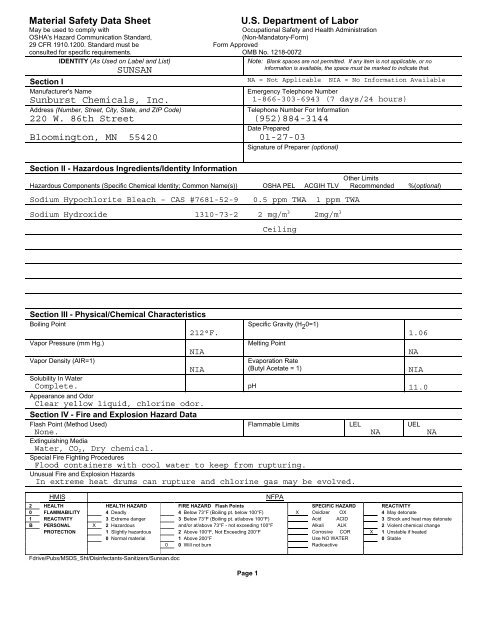 Material Safety Data Sheet U.S. Department of Labor SUNSAN ...