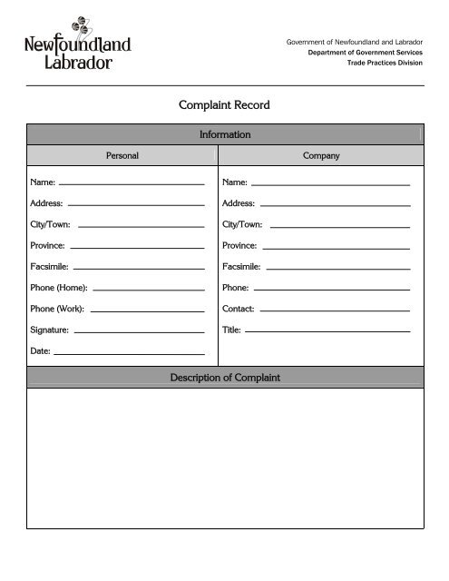 Complaint Record Form - Service NL - Government of ...