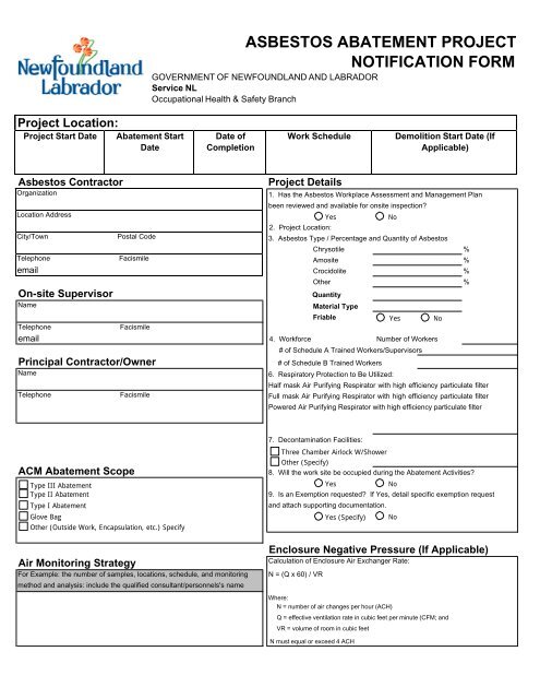 asbestos abatement project notification form - Service NL ...