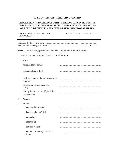 Form 1 - Application for the return of a child