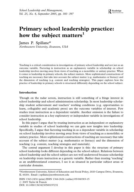 Primary school leadership practice: how the subject matters