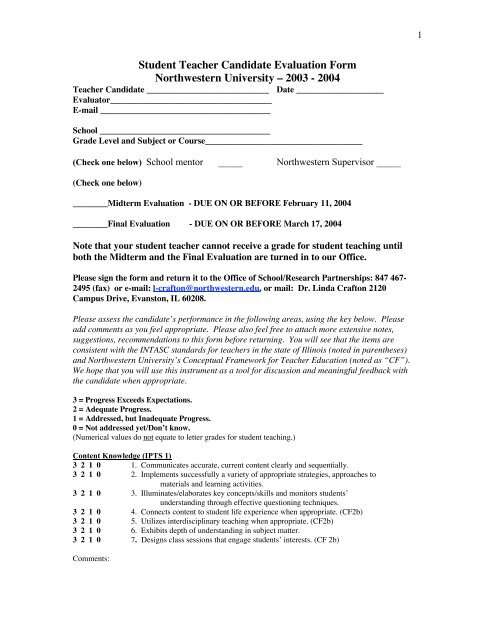 Student Teacher Candidate Evaluation Form Northwestern ...