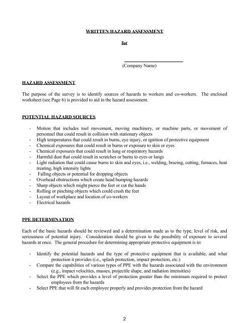 WRITTEN HAZARD ASSESSMENT