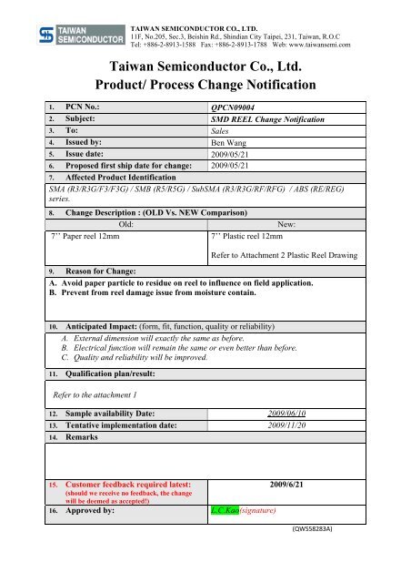 Product or Process Change Notification - QPCN09004 - setron