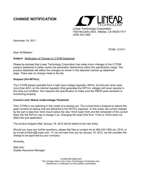 PCN: Linear Technology Notification of Change to LT3799 ... - setron