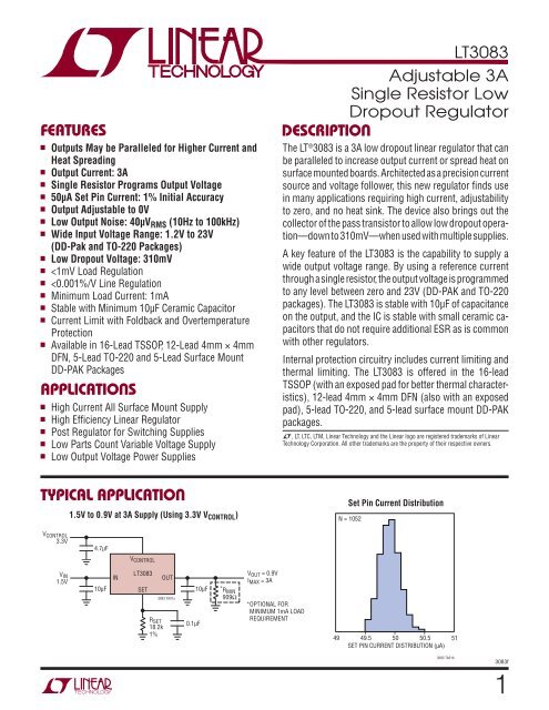 LT3083 - Adjustable 3A Single Resistor Low Dropout Regulator - Elfa