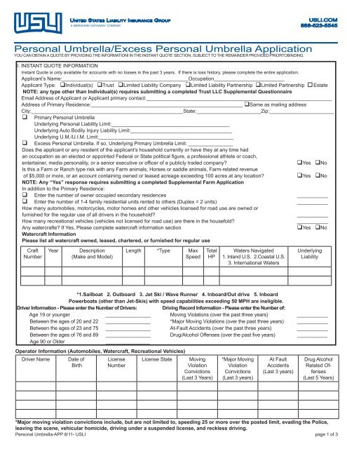 USLI Personal Umbrella/Excess Personal Umbrella Application