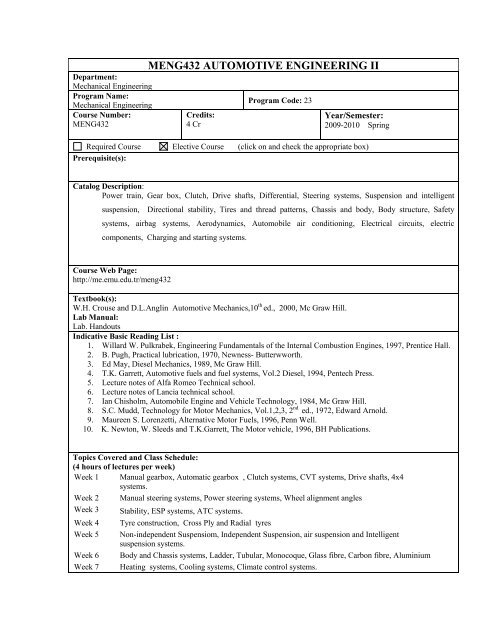 Course Outline - Department of Mechanical Engineering