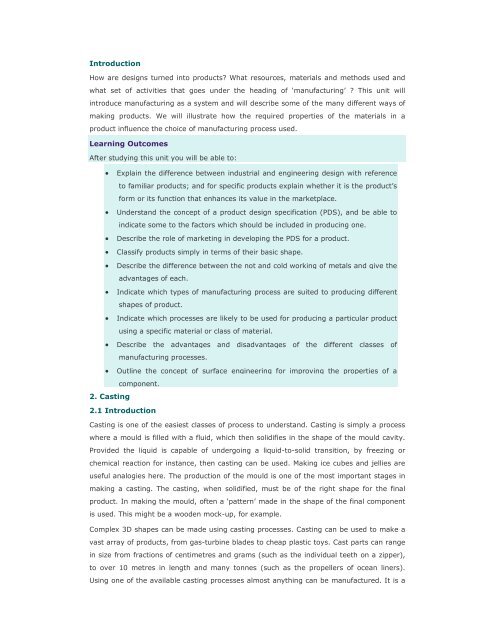 Introduction Learning Outcomes 2. Casting 2.1 Introduction