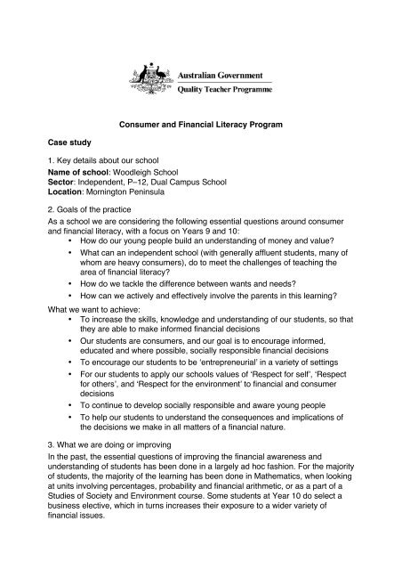 Consumer and Financial Literacy Program Case study 1. Key details ...