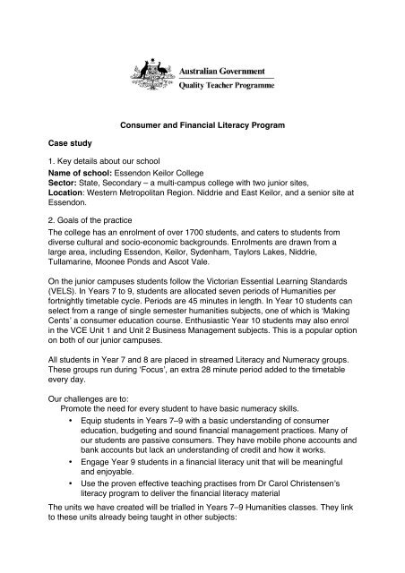 Consumer and Financial Literacy Program Case study 1. Key details ...