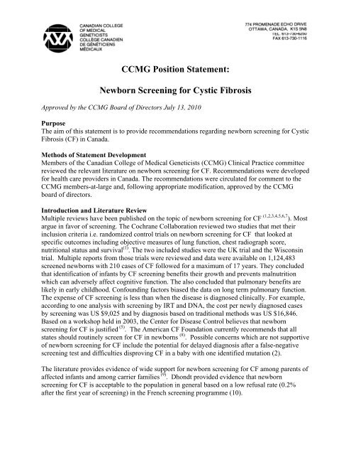 CCMG Position Statement: Newborn Screening for Cystic Fibrosis CCMG Position Statement: Newborn Screening for Cystic Fibrosis