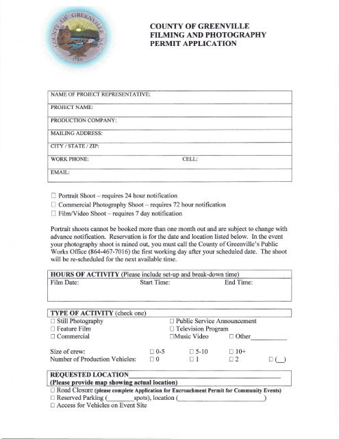 Filming/Photography Permit - Greenville County