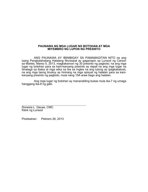 PAUNAWA NG MGA LUGAR NG BOTOHAN AT MGA MIYEMBRO ...