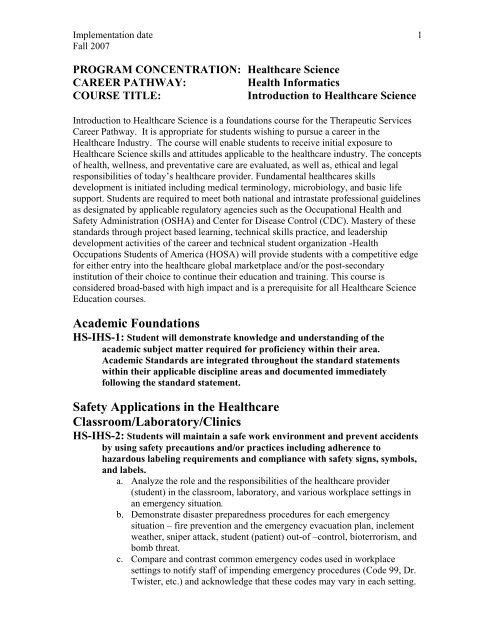 Introduction to Healthcare Science - Georgia Standards