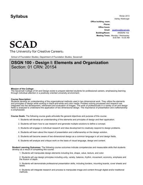 Syllabus DSGN 100 - Design I - SCAD Blogs - Savannah College of ...