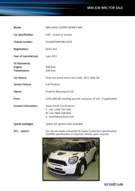 MINI JCW WRC FOR SALE - Prodrive