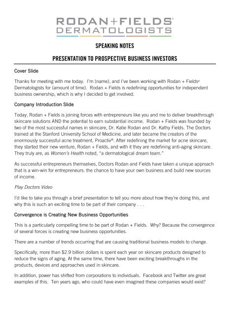 Business Presentation Speaker Notes - Rodan + Fields