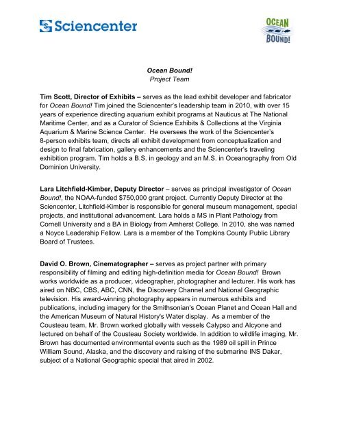 Ocean Bound! Project Team Tim Scott, Director of ... - Sciencenter