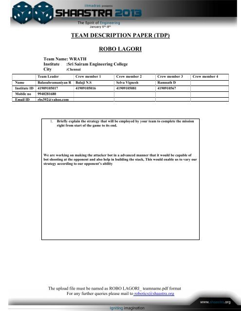 TEAM DESCRIPTION PAPER (TDP) ROBO LAGORI - Shaastra
