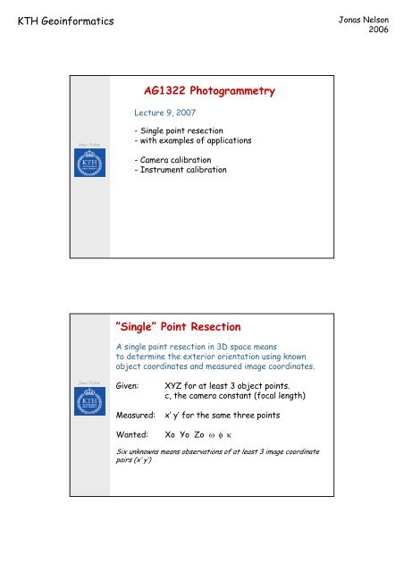 AG1322 Photogrammetry â Singleâ Point Resection
