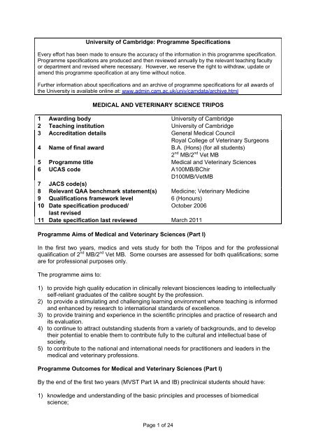 Medical and Veterinary Sciences Tripos - University of Cambridge