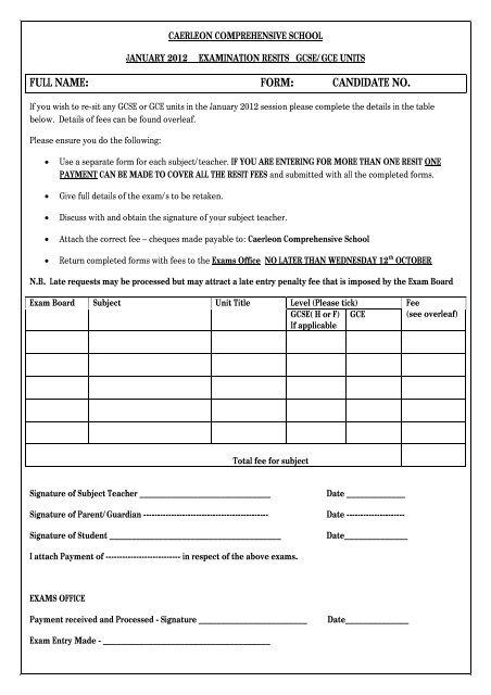 FULL NAME: FORM: CANDIDATE NO. - Newportlearn.net