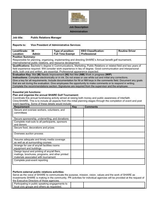Job Description Administration Job Title Public Relations Manager 