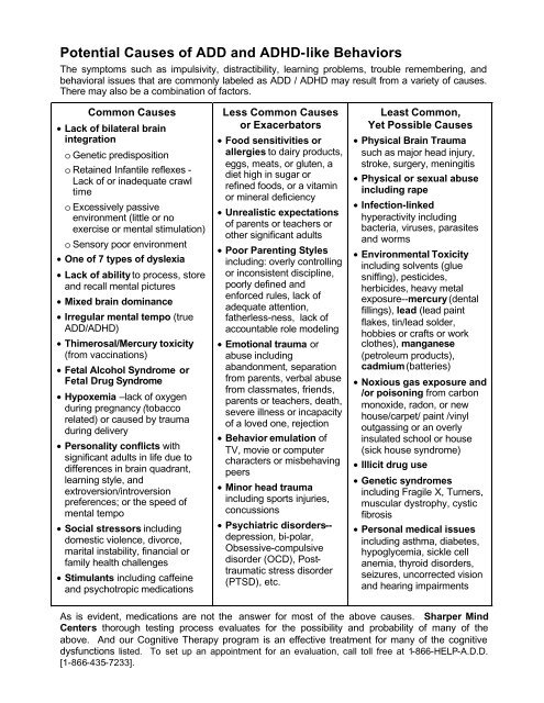 Potential Causes of ADD and ADHD-like Behaviors