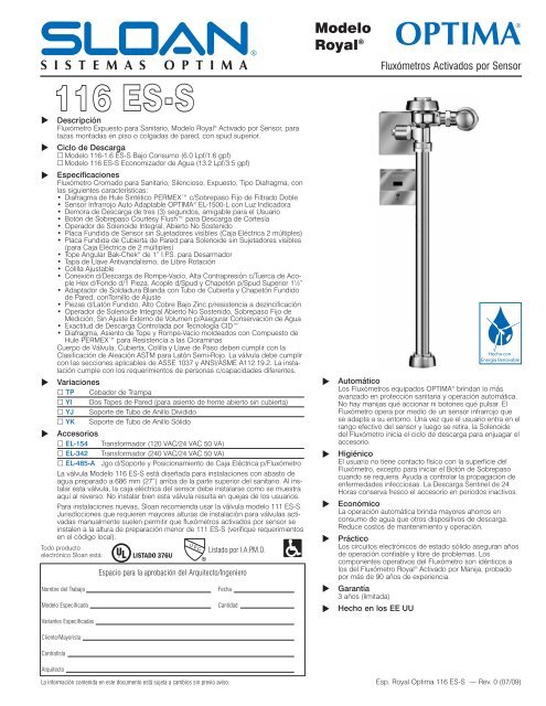 Royal Optima 116 ES-S Especificación - Sloan Valve Company