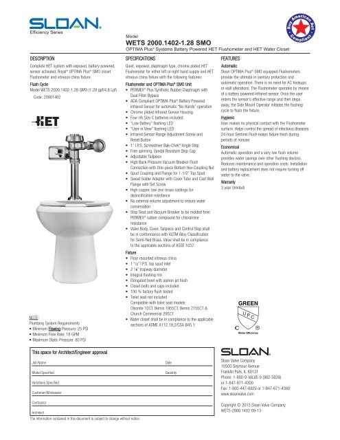 WETS 2000.1402-1.28-SMO Specification - Sloan Valve Company