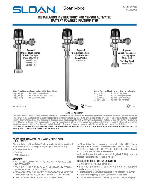 Sloan Optima Plus Installation Instructions - Sloan Valve Company