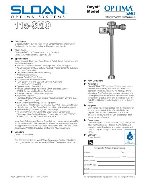 Royal Optima 115-SMO - Sloan Valve Company