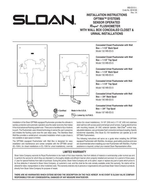 Wall Box Installation Instructions - Sloan Valve Company