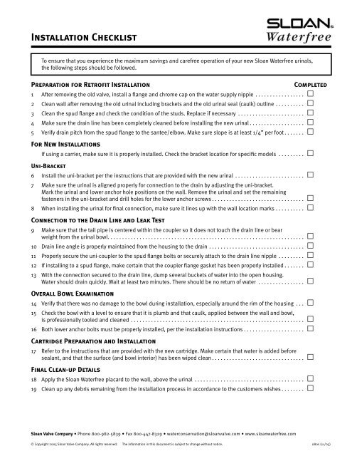 Installation Checklist - Sloan Valve Company