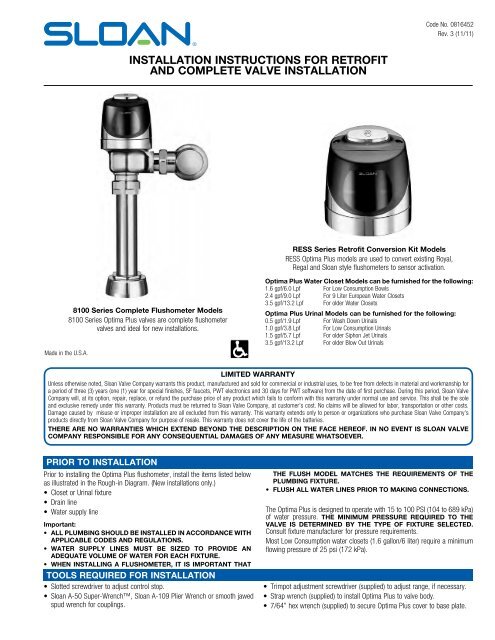 Installation Instructions - Sloan Valve Company