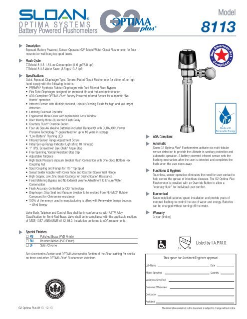 G2 Optima Plus 8113 Specification - Sloan Valve Company