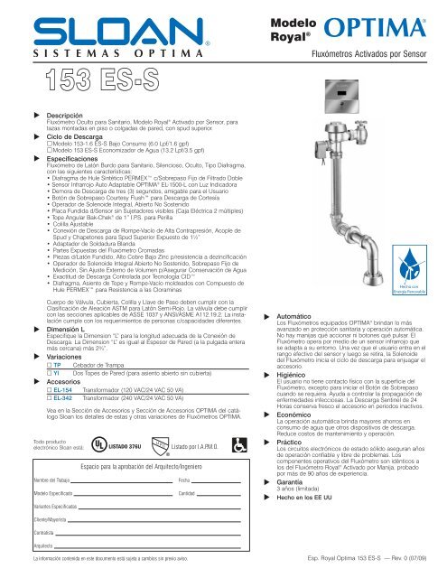 Royal Optima 153 ES-S Especificación - Sloan Valve Company